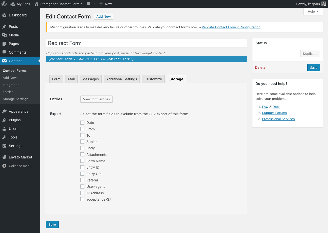 Storage for Contact Form CF7 - WordPress - How to exclude columns from the export CSV