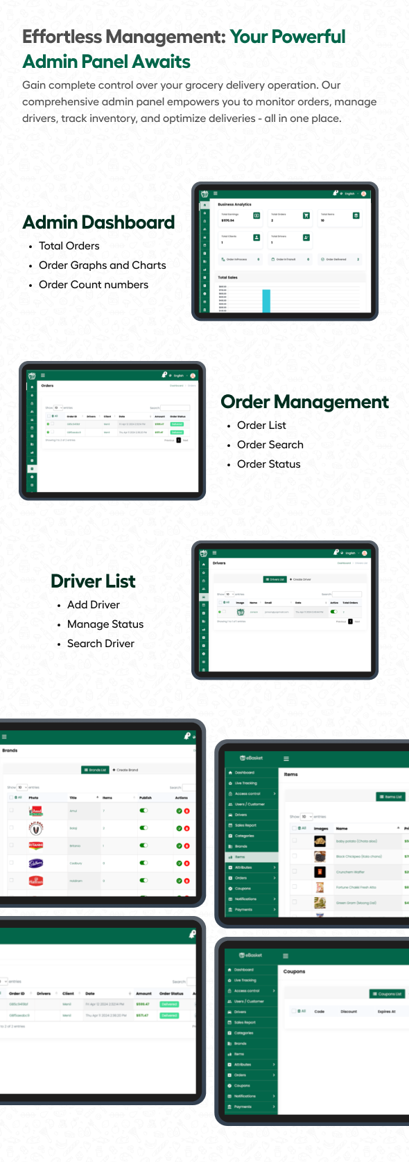 eBasket - Single Vendor Food / Grocery Delivery Flutter app with Laravel Admin Panel + Delivery app