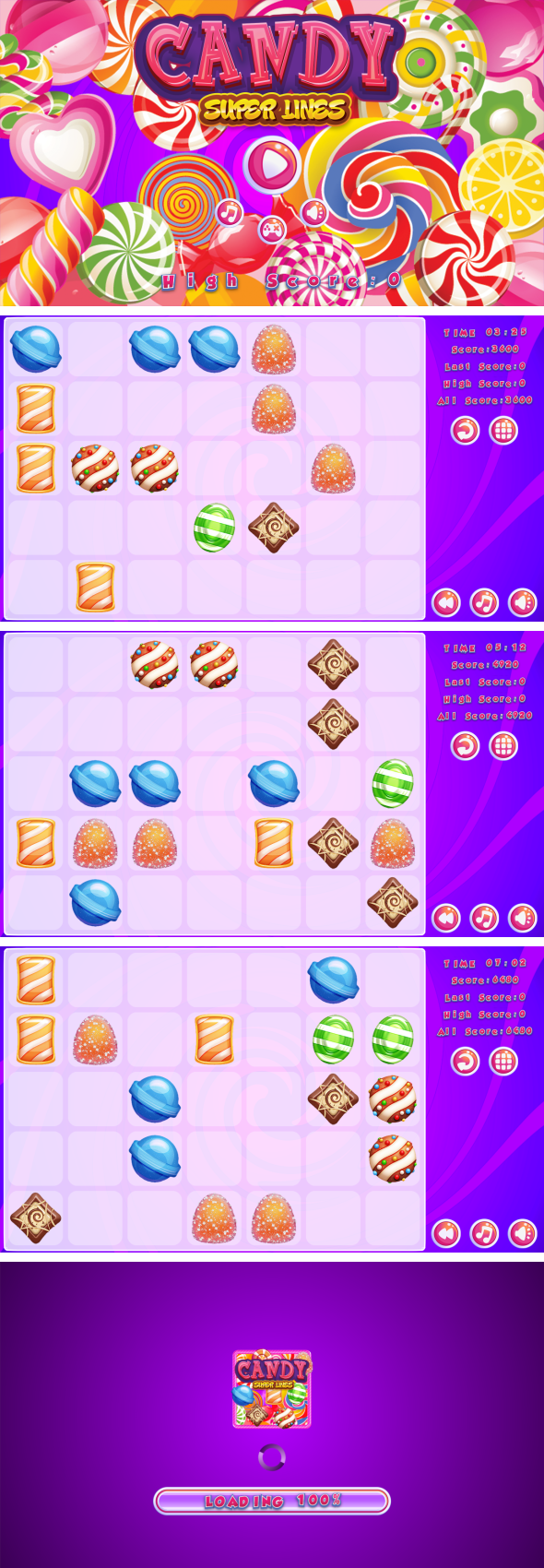 Candy Super Lines Match3 - HTML5 Game, Mobile Version+AdMob!!! (Construct-2 CAPX) by Muscle-SS